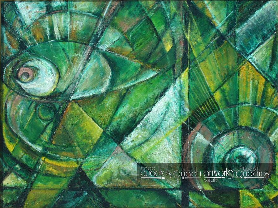 Cuadro abstracto Verde, pintura con formas rectas y circulares.